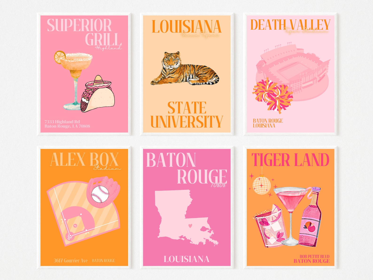 PINK and ORANGE Louisiana State Prints - Preppy Digital Prints - SET of ...