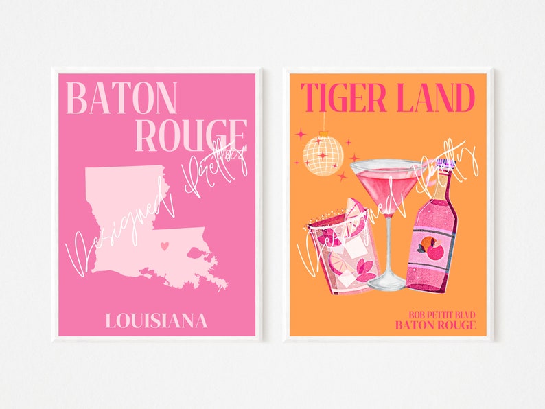 PINK and ORANGE Louisiana State Prints - Preppy Digital Prints - SET of ...