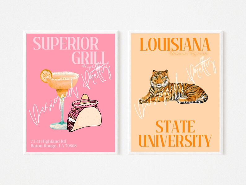 PINK and ORANGE Louisiana State Prints - Preppy Digital Prints - SET of ...