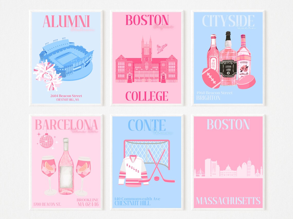 Pink and Blue Boston College Digital Prints - SET OF 6 - Etsy