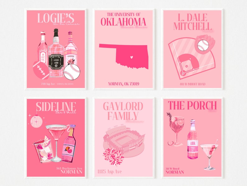 PINK University of Oklahoma Prints - Digital Download - SET OF 6 - Etsy