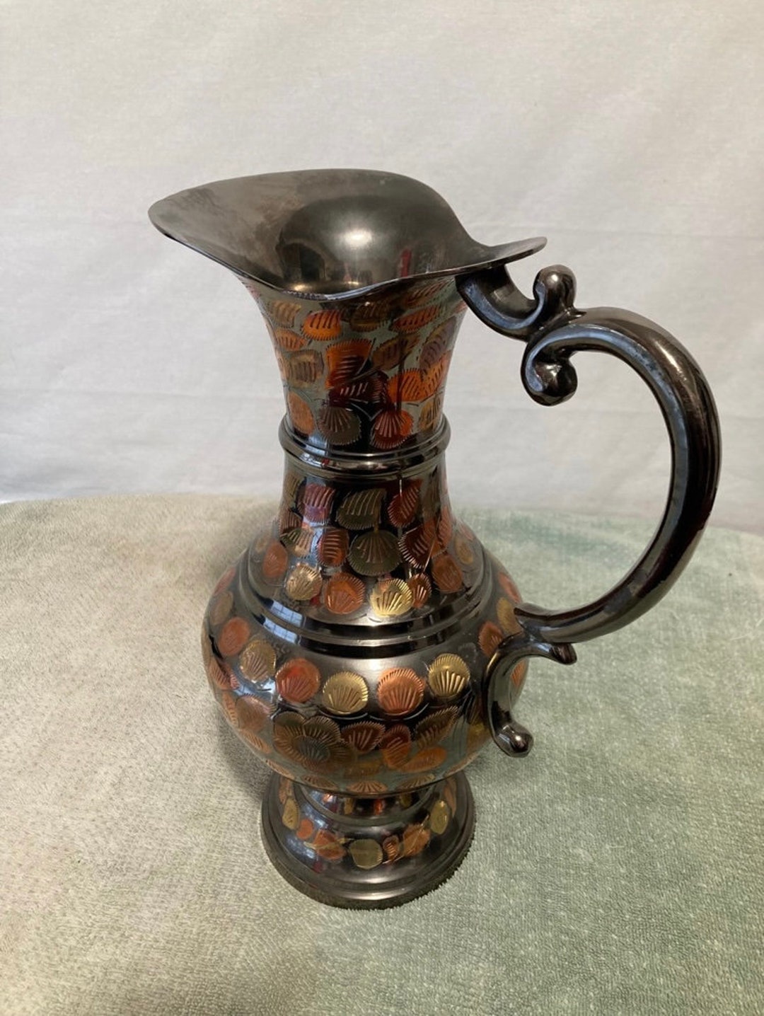 Vintage Antique Solid Brass Pitcher Engraving Pottery Handle 13.5 ...