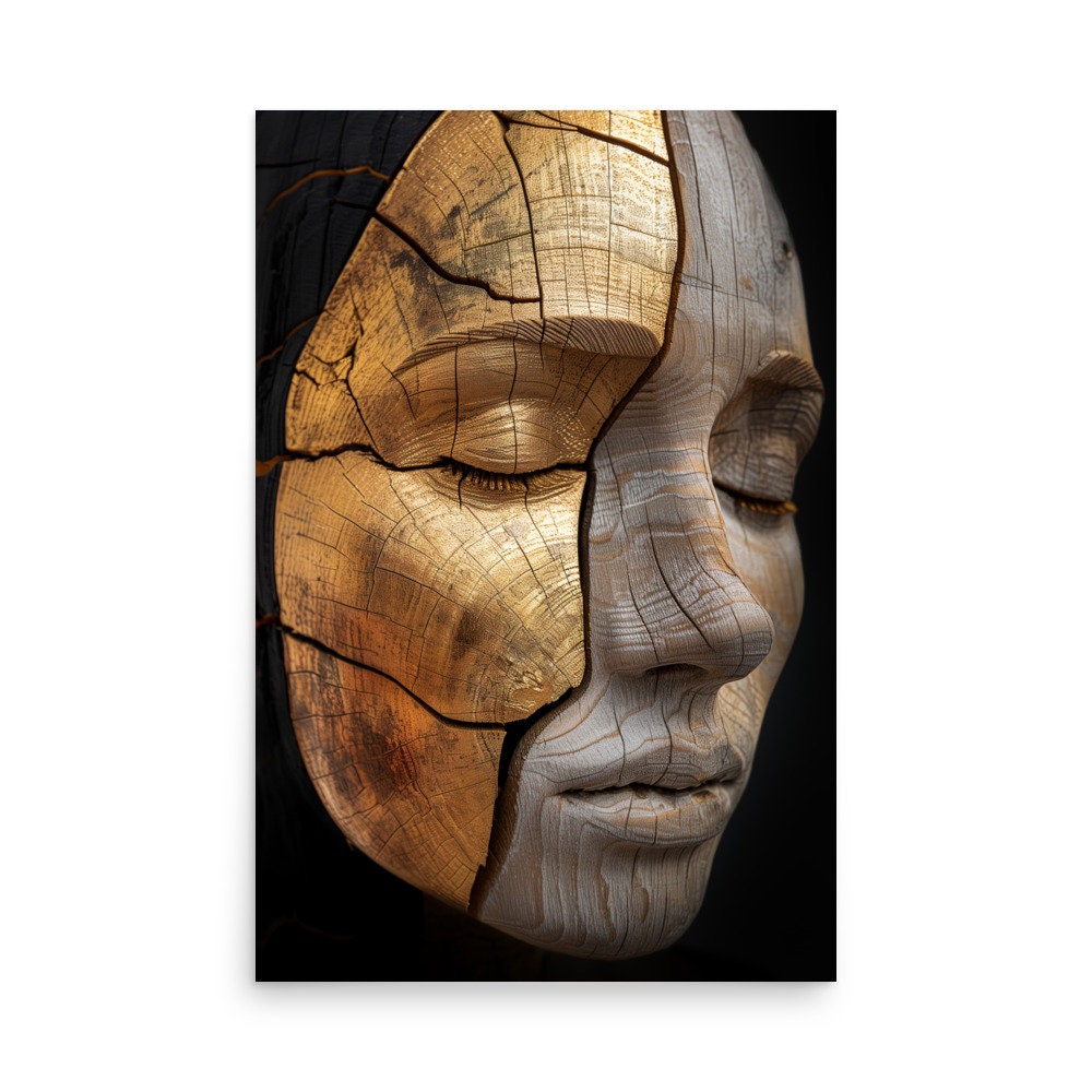 Exquisite Kintsugi-inspired 3D Rendered Wooden Face Print A Symbol of ...