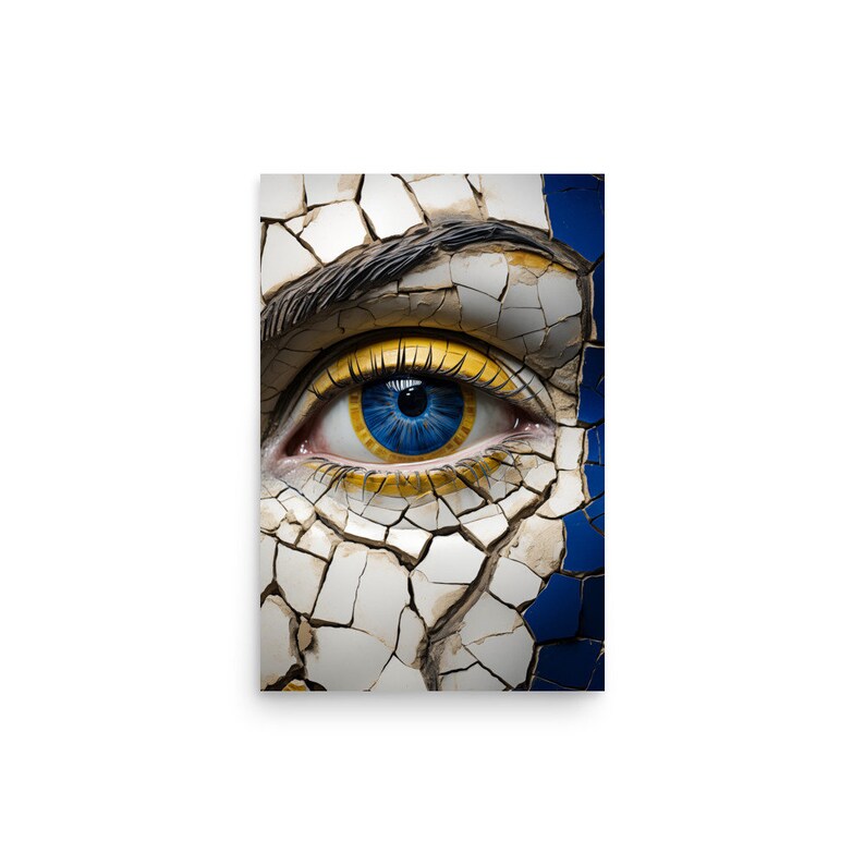 Striking Kintsugi Man With Beautiful Eyes Art Print - Vivid Blue, White ...