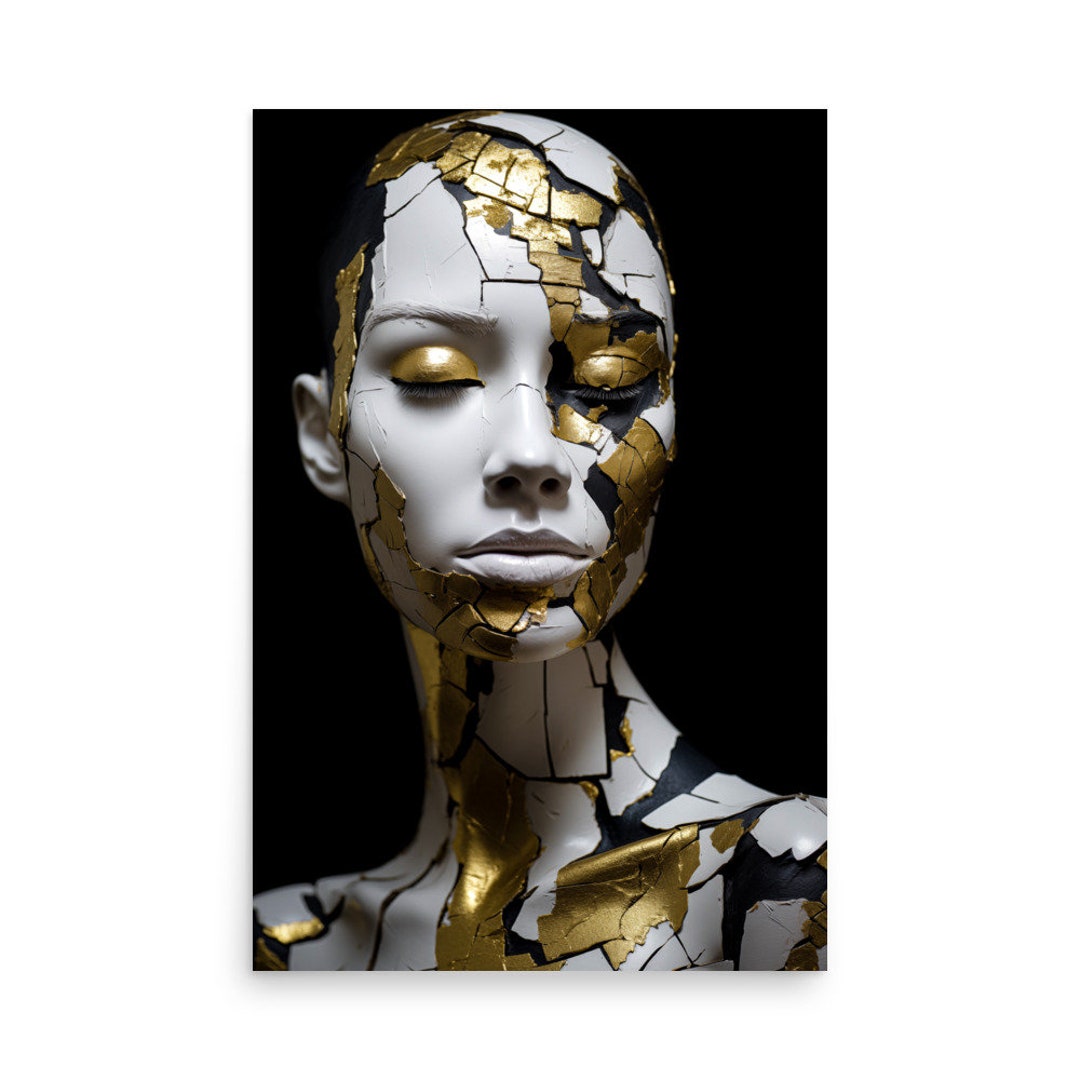 Poster Print Kintsugi-inspired Woman Art Elegant Black, Gold, and White 3D Render Modern Wall ...