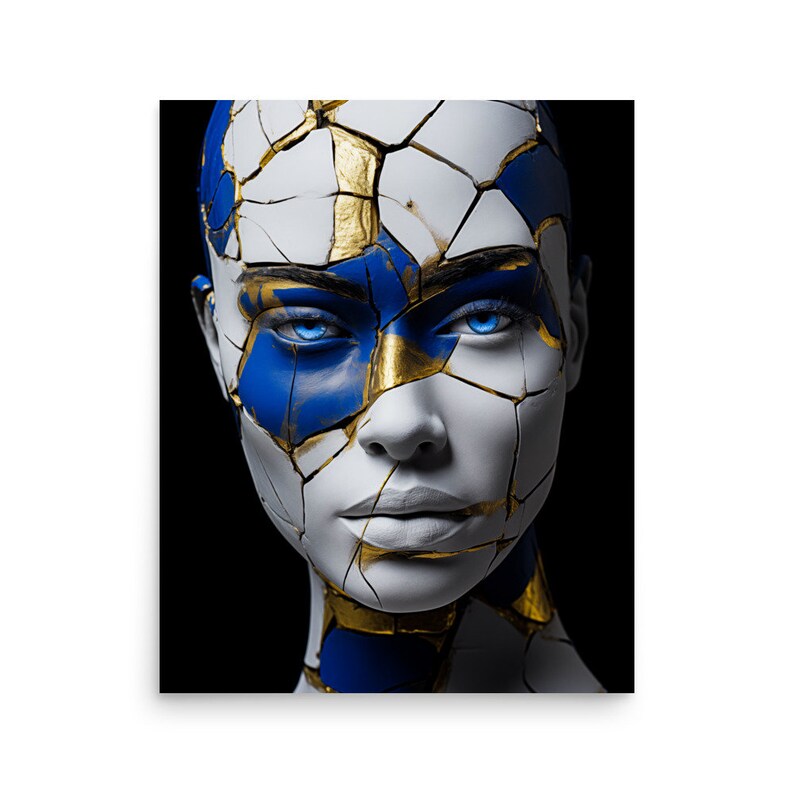 Kintsugi Male Portrait Print - Mesmerizing Eyes in Blue and White - 3D Render Artwork - Modern ...