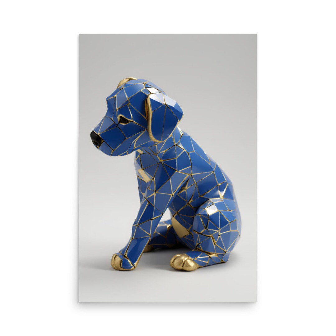 Unique Kintsugi Dog Poster: Blue and Gold 3D Render, Handcrafted Wall ...