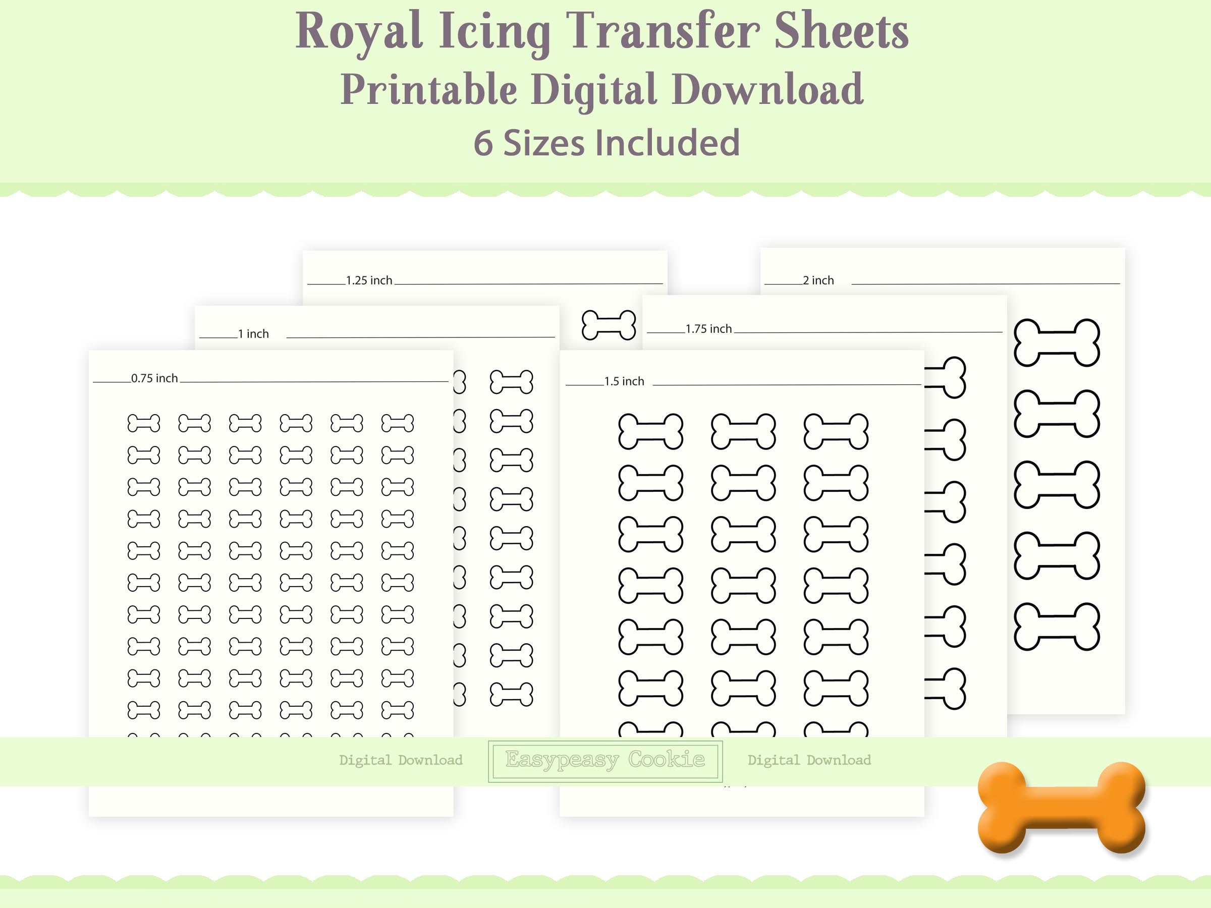Dog Bone Royal Icing Transfer Sheet Template 0.75 ", 1", 1.25" 1.5", 2 ...
