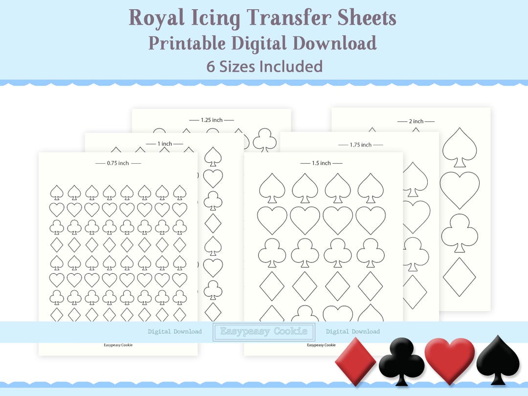Card Symbols Royal Icing Transfer Sheet Template, 0.5" 0.75" 1" 1.25" 1 ...