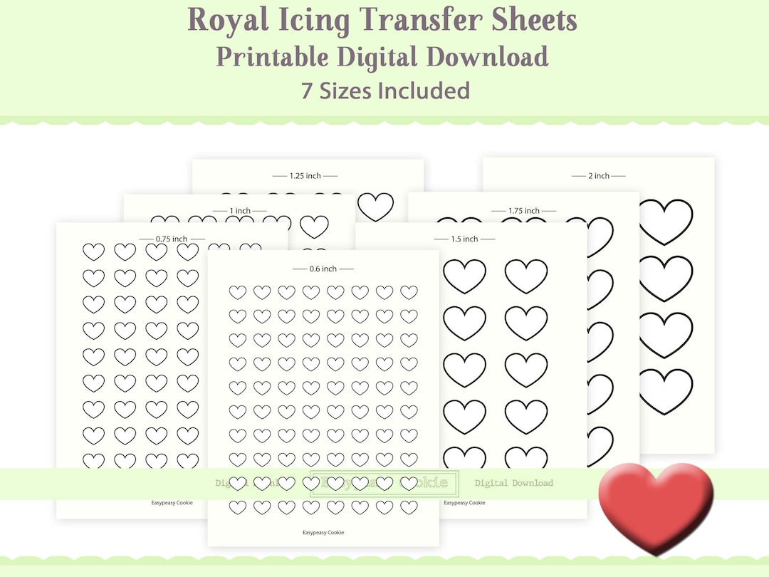 Heart Royal Icing Transfer Sheet Template 0.6" 0.75 " 1" 1.25" 1.5" 2 ...