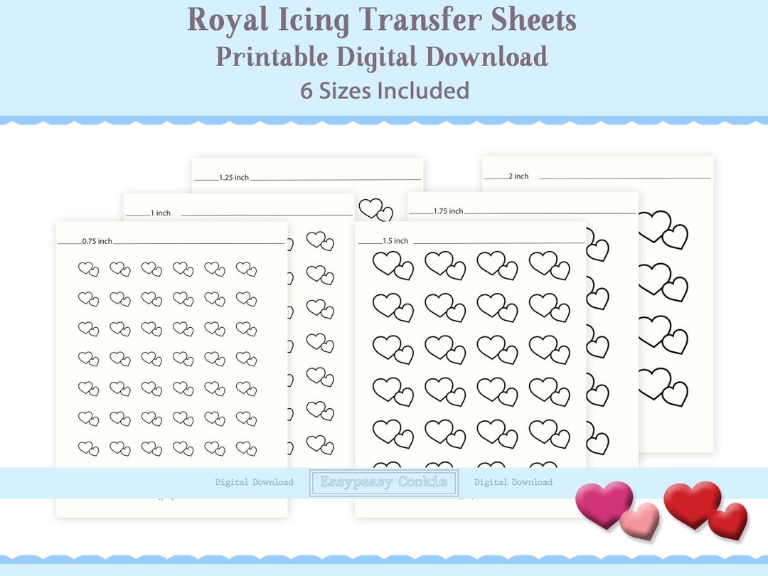 Heart Royal Icing Transfer Sheet Template 0.75 ", 1", 1.25" 1.5", 2 ...