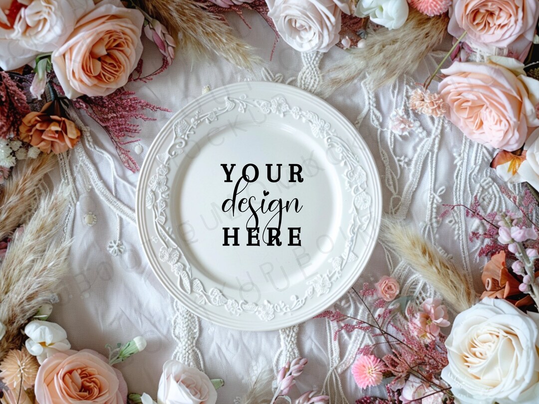 Boho Plate Mockup Product Background, Boho Floral Plate Stock Photo ...