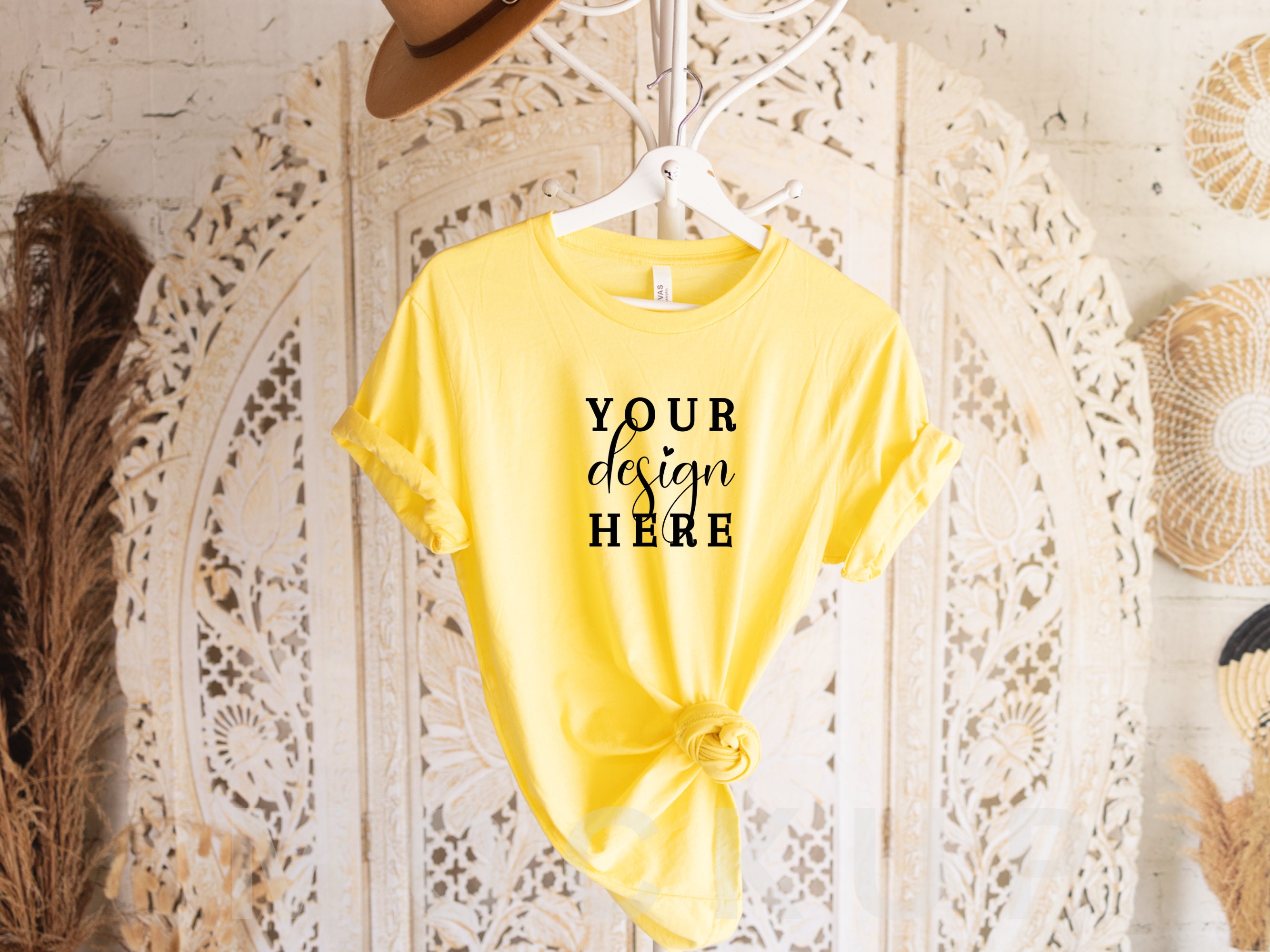 Bella and Canvas Yellow Shirt Mockup, Yellow 3001C, Boho T-shirt Mockup ...