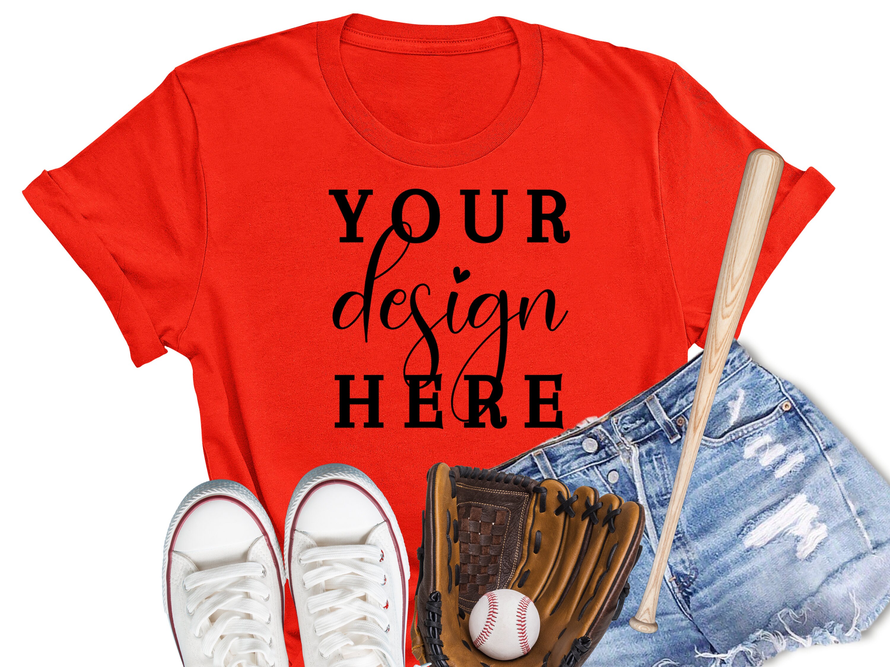 Baseball Red Shirt Mockup, Tag Less Mockup, Bella & Canvas Flat Lay ...