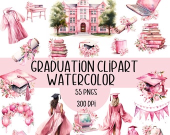 Graduation Clipart, Pink Watercolor Graduation Clipart, Pink School ...