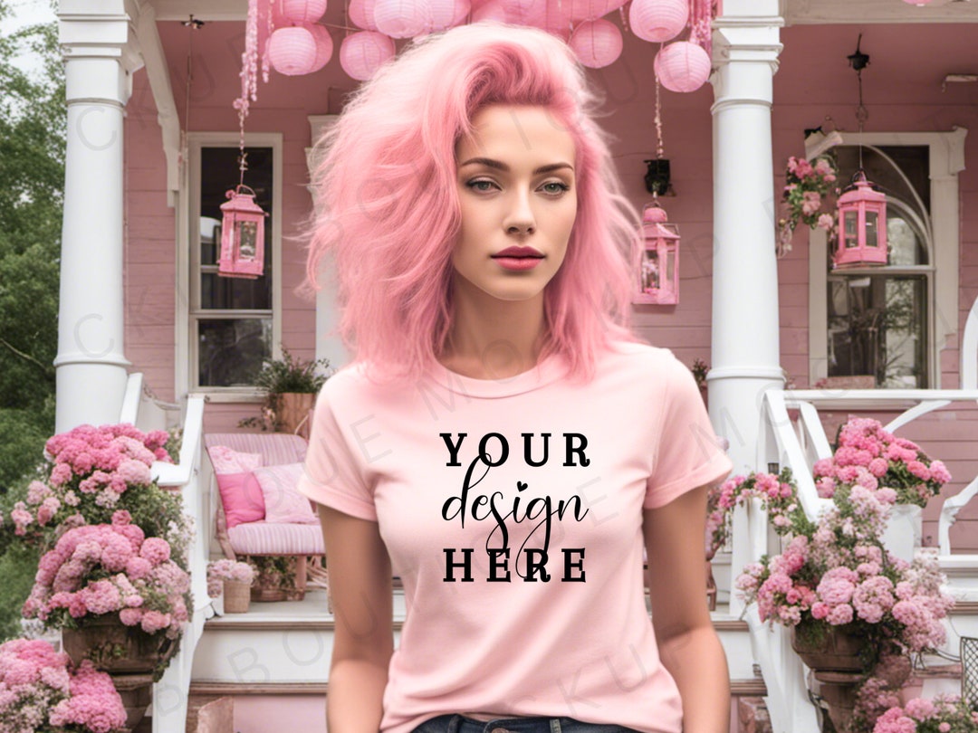 Light Pink Tshirt Model Mockup 3001c, White Female Model Mockup Shirt ...