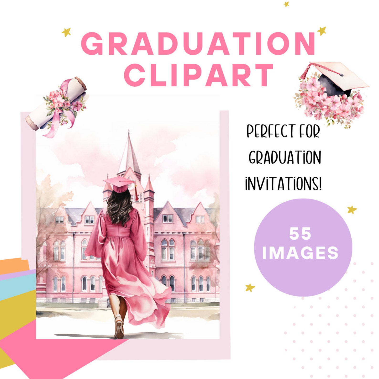 Graduation Clipart, Pink Watercolor Graduation Clipart, Pink School ...