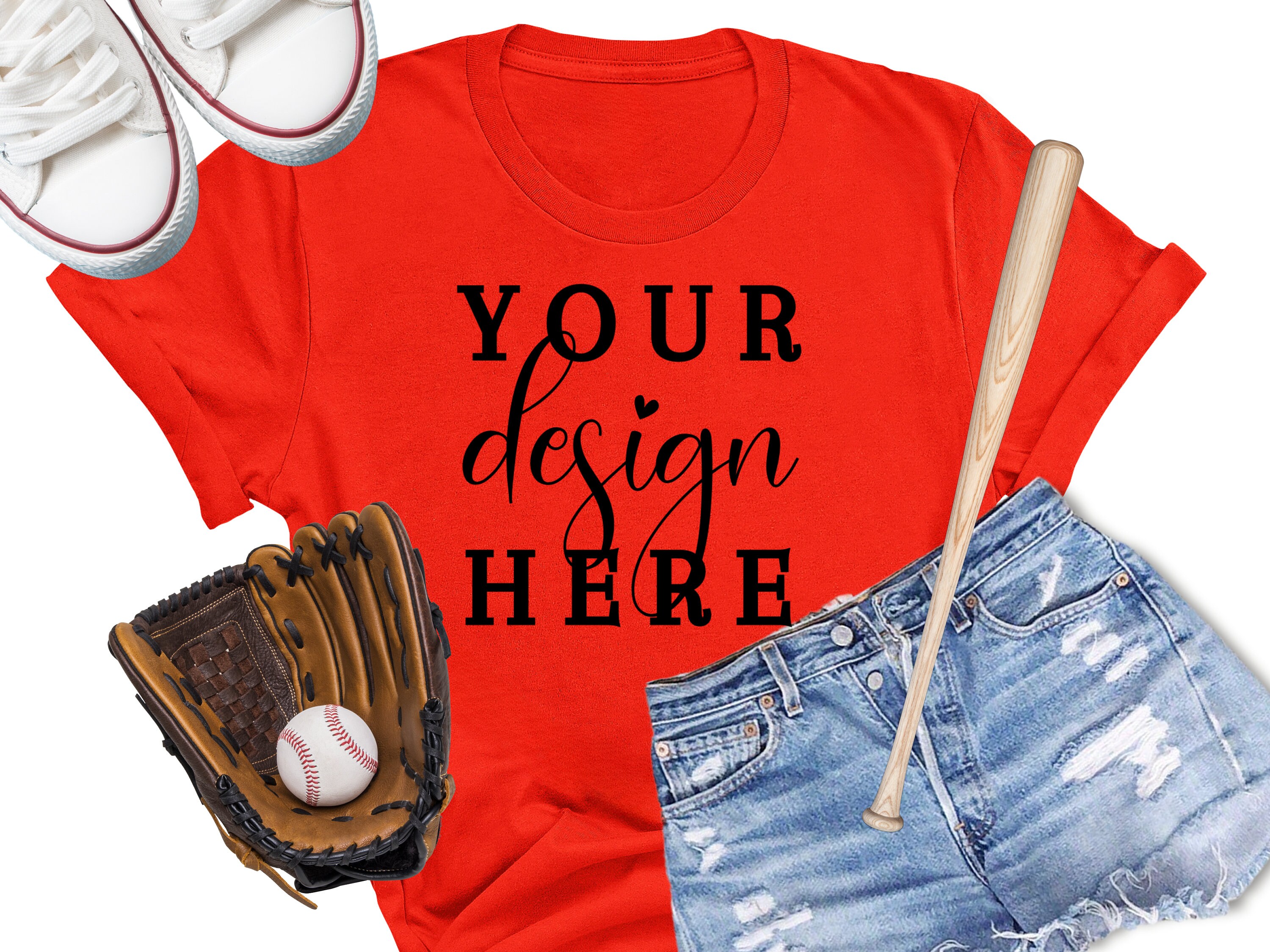 Baseball Red Shirt Mockup, Tag Less Mockup, Bella & Canvas Flat Lay ...