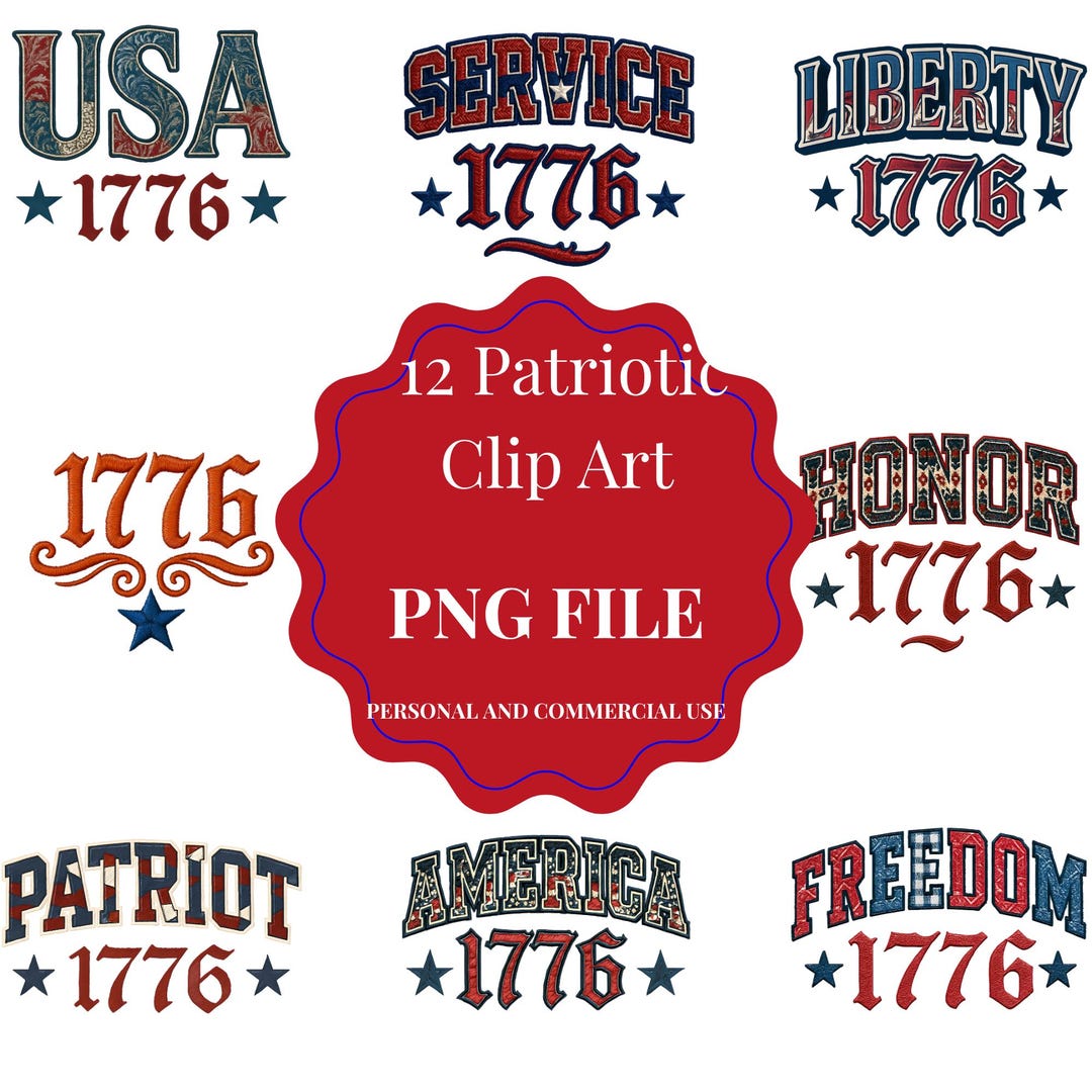 4th of July Clipart Set: Red, White & Blue Embroidery Style (PNG Files ...
