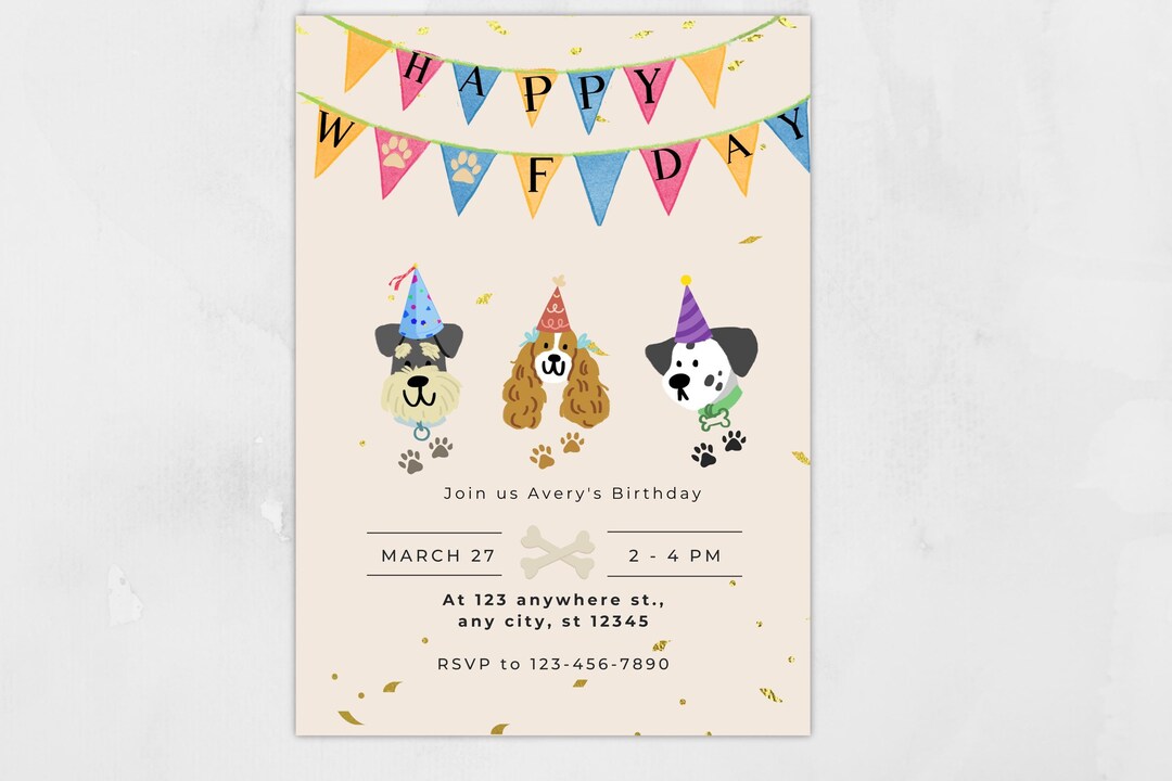 Editable Dog Birthday Invitation Card Two-sided Pet Birthday Party Dog ...
