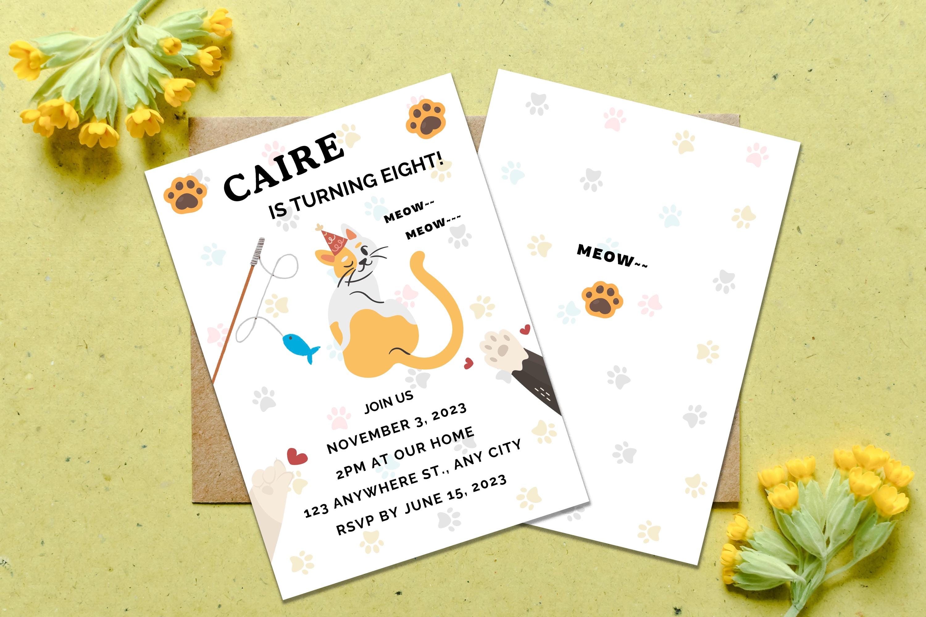 Editable Cat Birthday Party Invitation Card Two-sided Cat Invitation ...