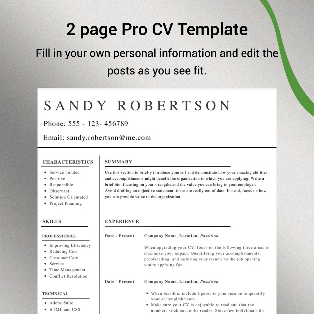 2 Page Pro CV Template, 2 Page Resume & Cover Letter Template, CV ...