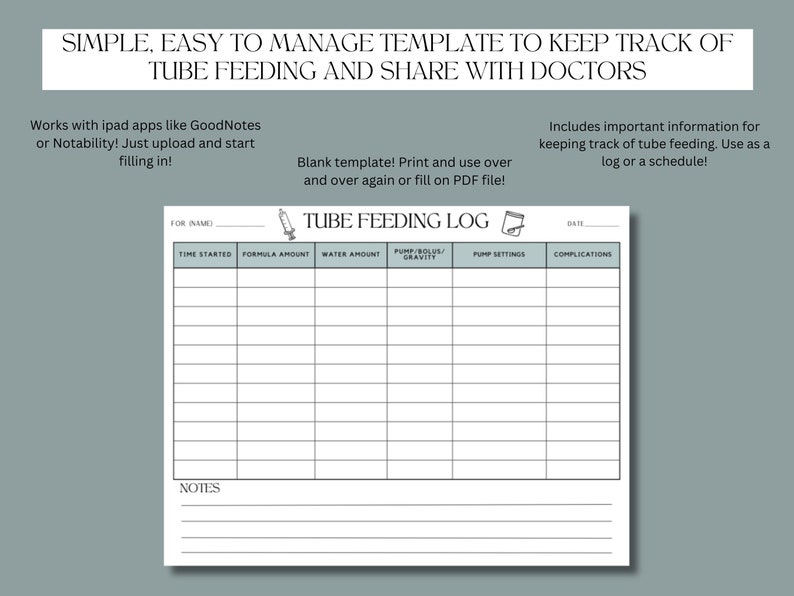 Tube Feeding Log, Instant Download Printable Fillable PDF, Tube Feeding ...