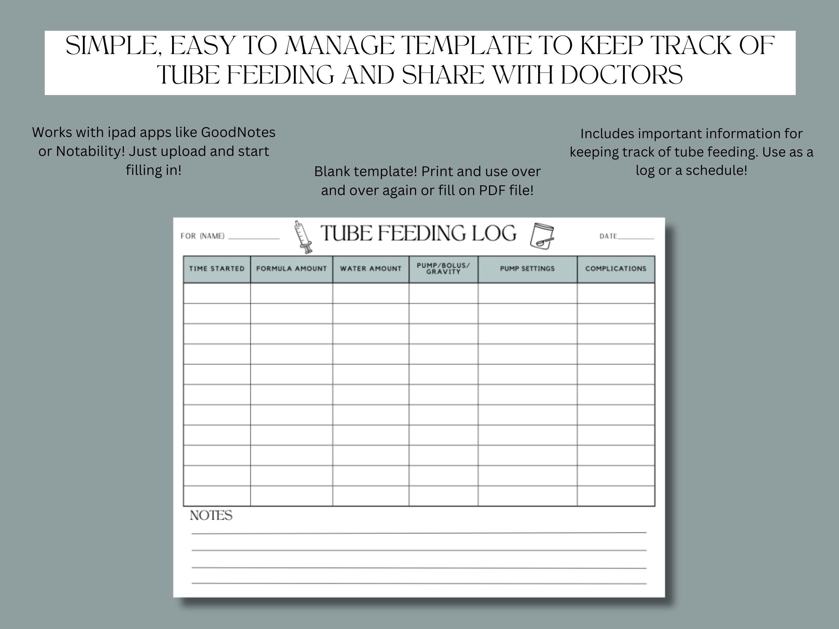 Tube Feeding Log, Instant Download Printable Fillable PDF, Tube Feeding ...