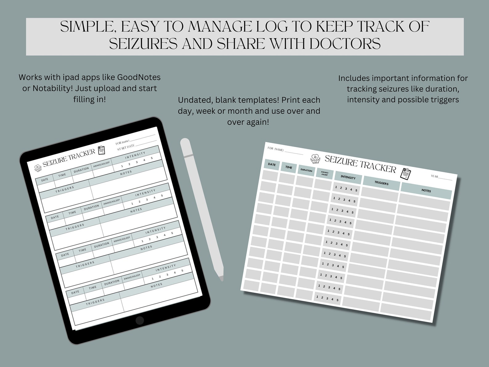Printable Seizure Tracker, Epilepsy Log, Fillable Seizure Log, Digital ...