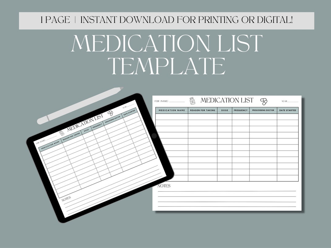 Medication List Digital Download, Printable Template, Medication Log ...