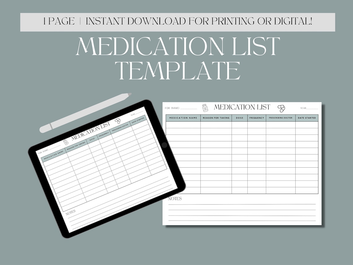 Medication List Digital Download, Printable Template, Medication Log ...
