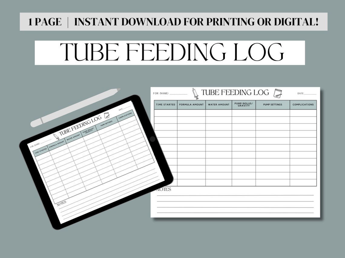 Tube Feeding Log, Instant Download Printable Fillable PDF, Tube Feeding ...