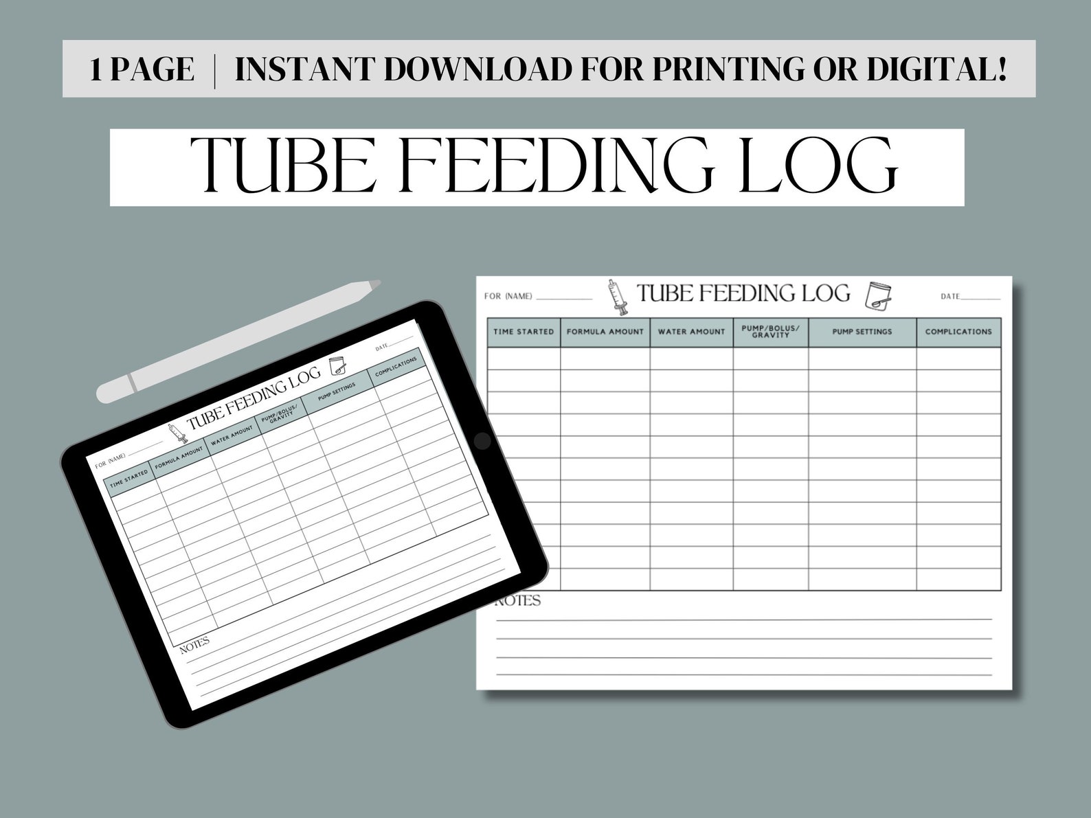 Tube Feeding Log, Instant Download Printable Fillable PDF, Tube Feeding ...