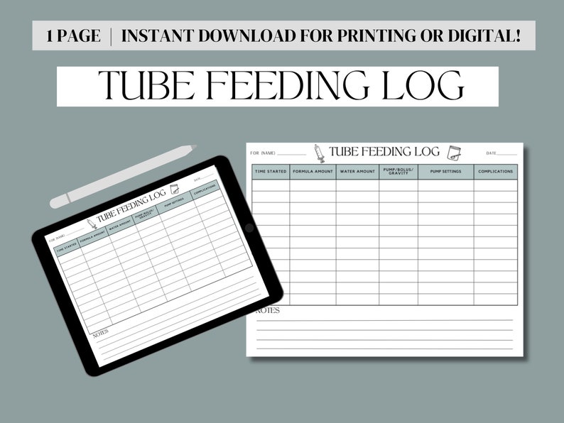Tube Feeding Log, Instant Download Printable Fillable PDF, Tube Feeding ...