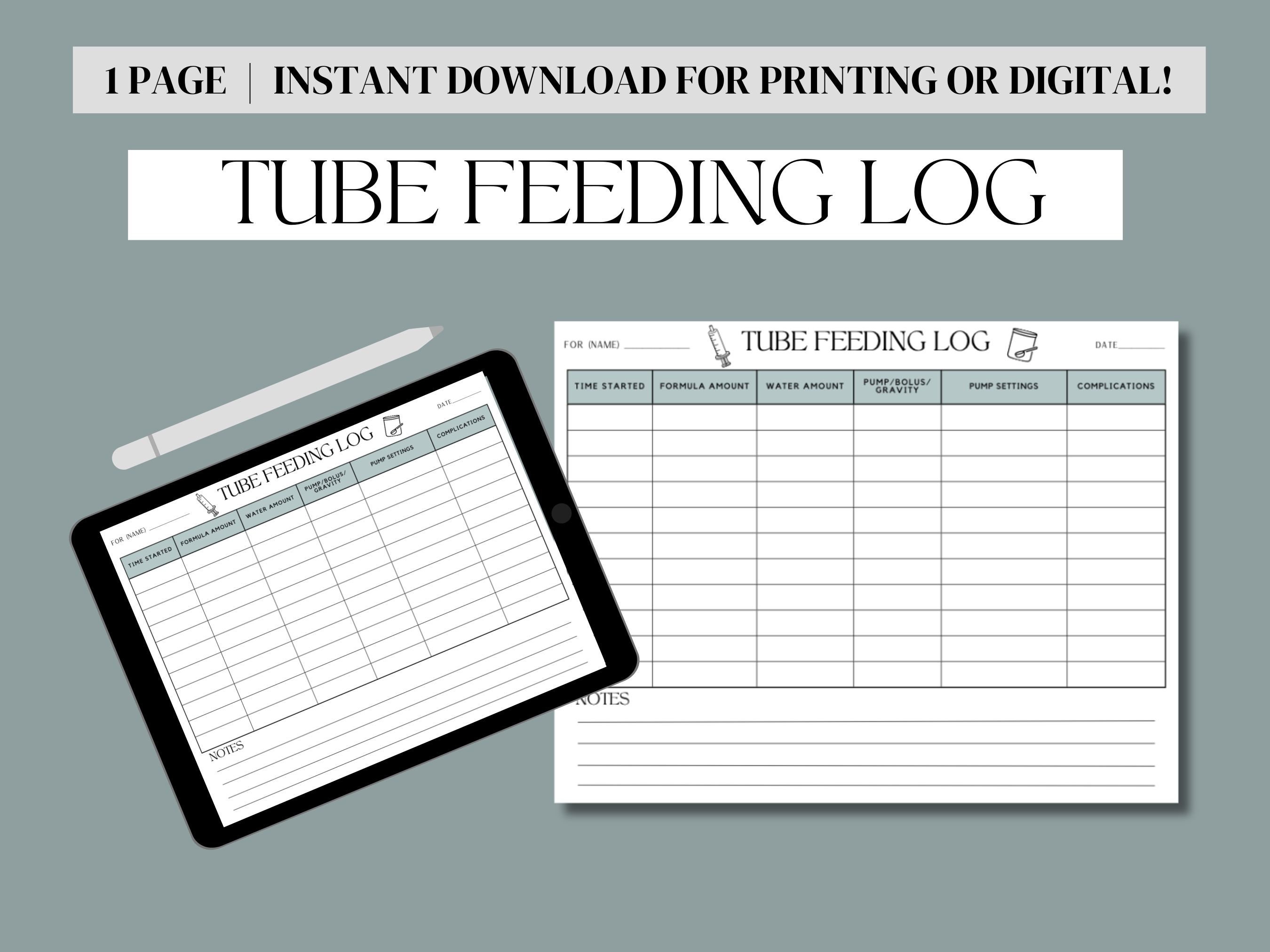 Tube Feeding Log Instant Download Printable Fillable PDF Tube Feeding