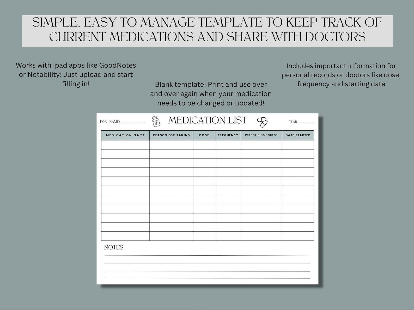 Medication List Digital Download, Printable Template, Medication Log ...