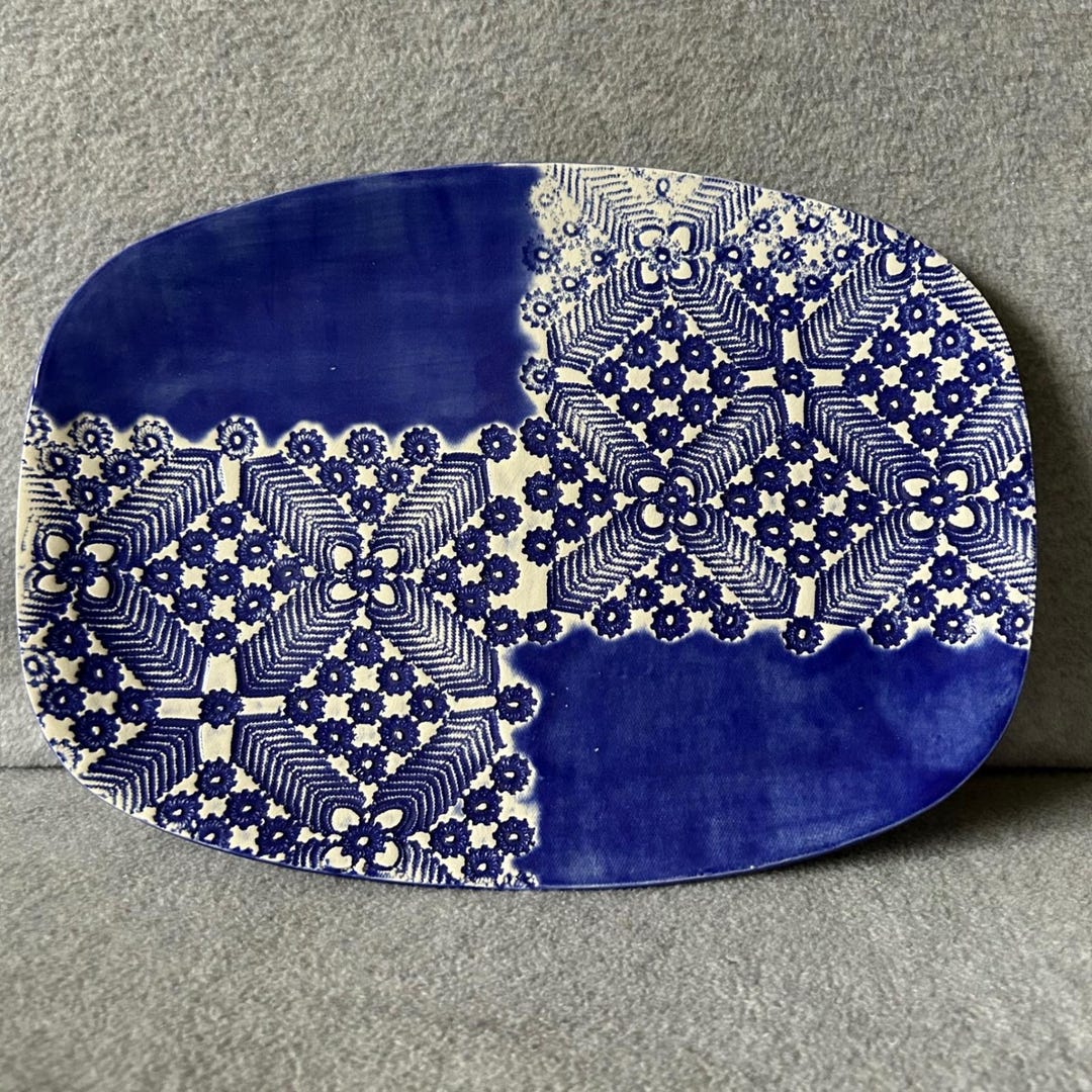 Handmade Charleston Pottery Platter Lace Impressed Blue Cobalt 2018 Bee ...