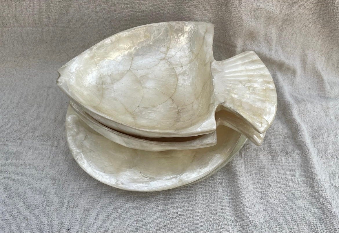 Vintage Mid-century Modern 70s Capiz Shell Fish Bowl/plate Set - Etsy