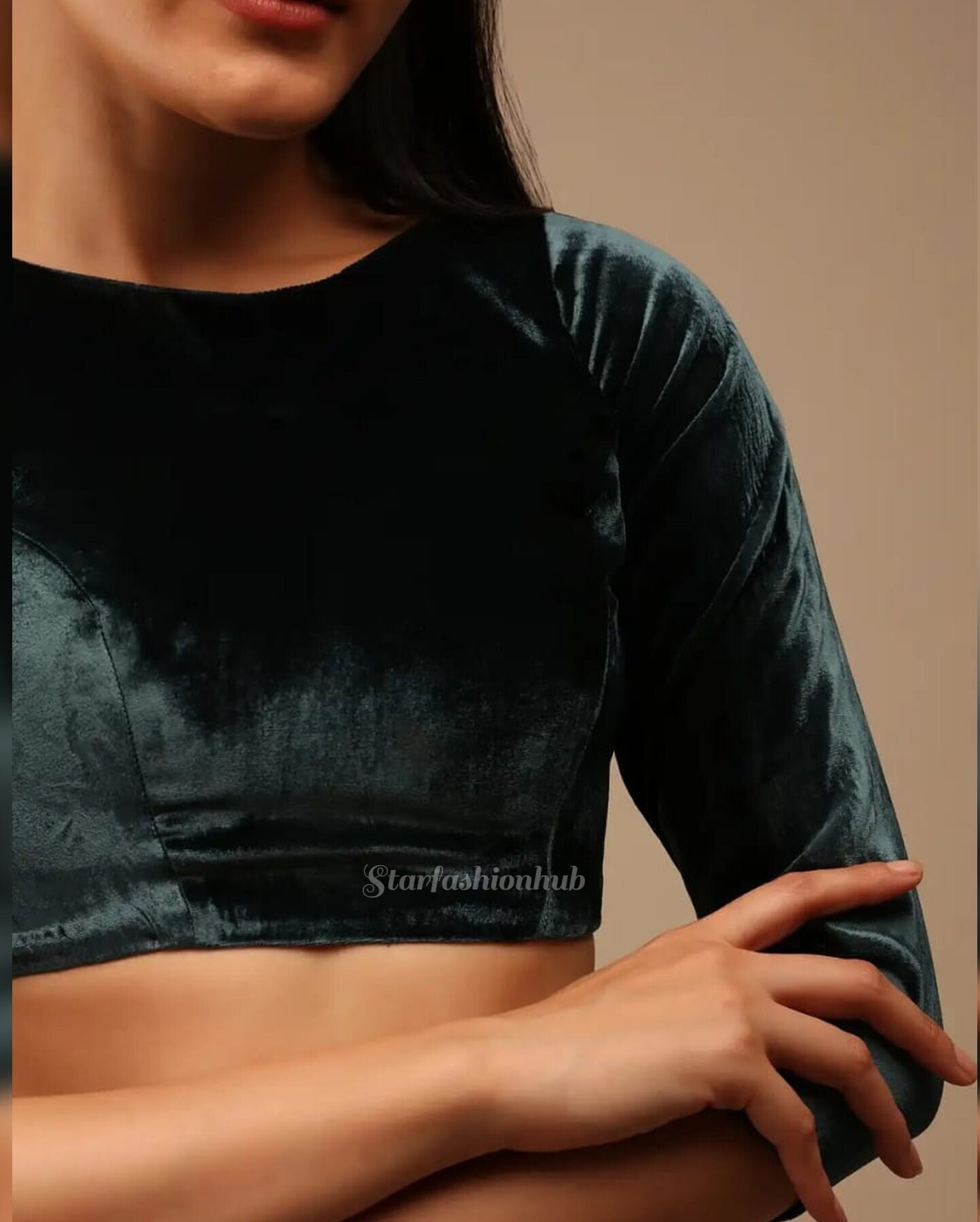 Handmade Indian Designer Plain Blue Velvet Blouse in Boat Neck and 3/4 ...