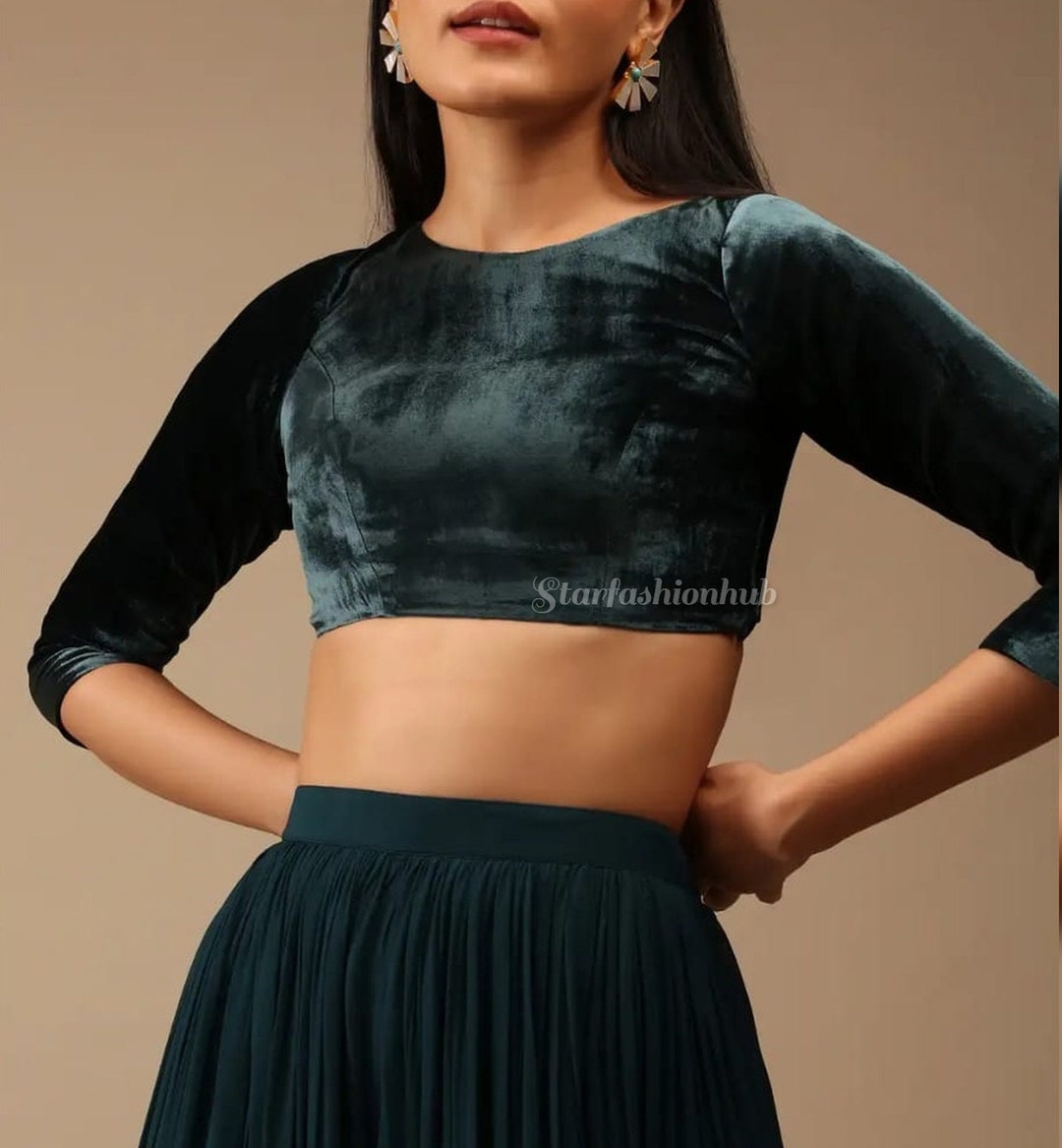 Handmade Indian Designer Plain Blue Velvet Blouse in Boat Neck and 3/4 ...