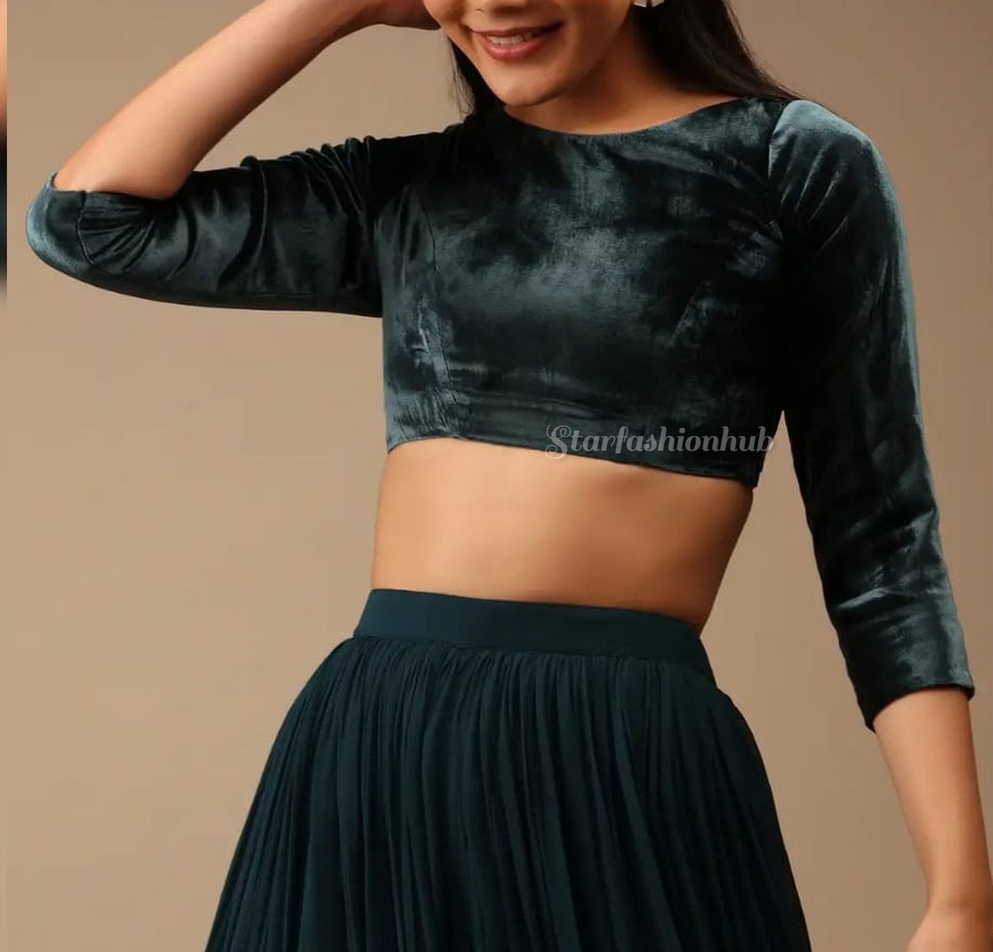 Handmade Indian Designer Plain Blue Velvet Blouse in Boat Neck and 3/4 ...