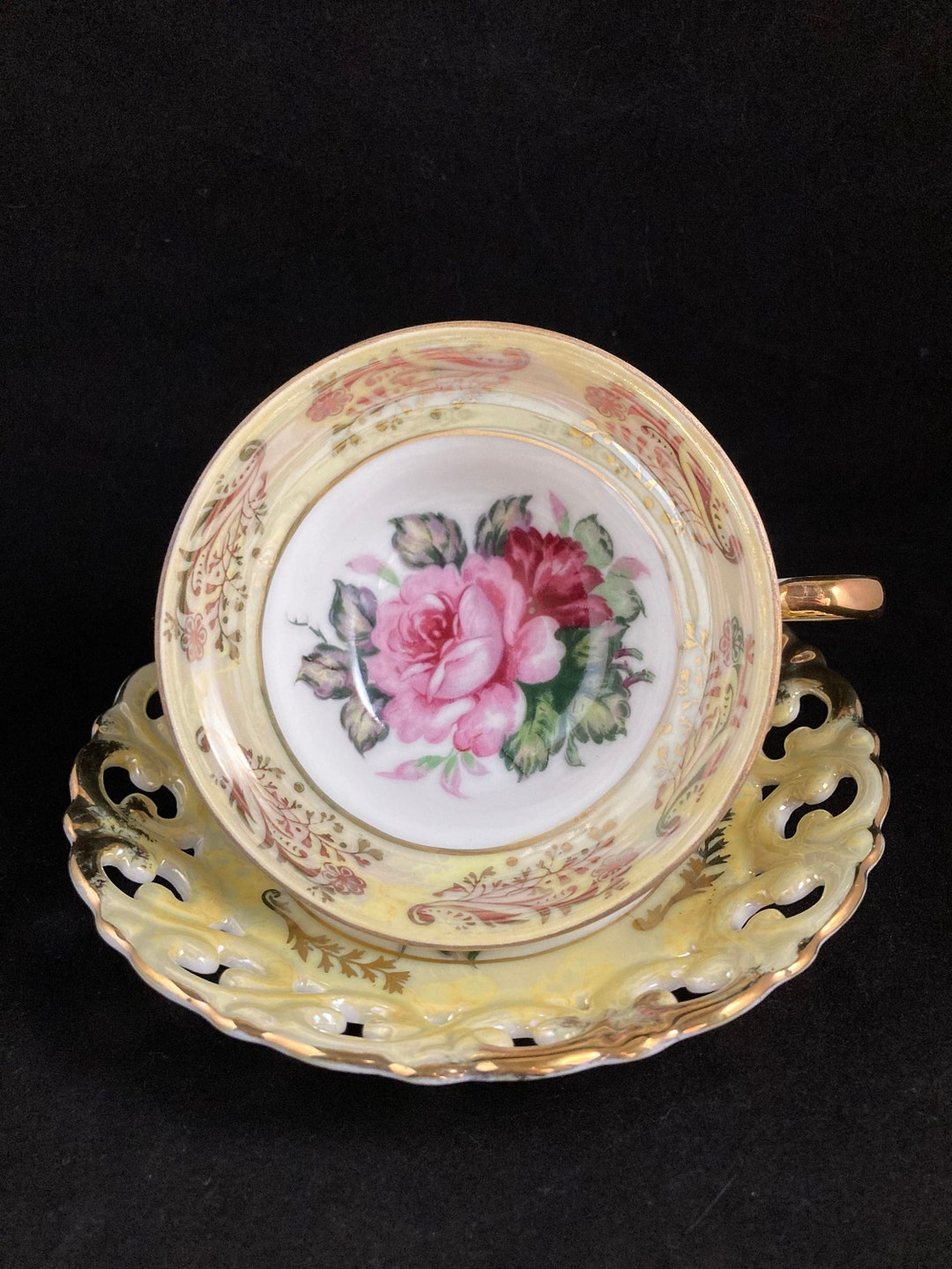 Japanese Lustreware Footed Teacup and Saucer Set, Yellow With Red Roses ...