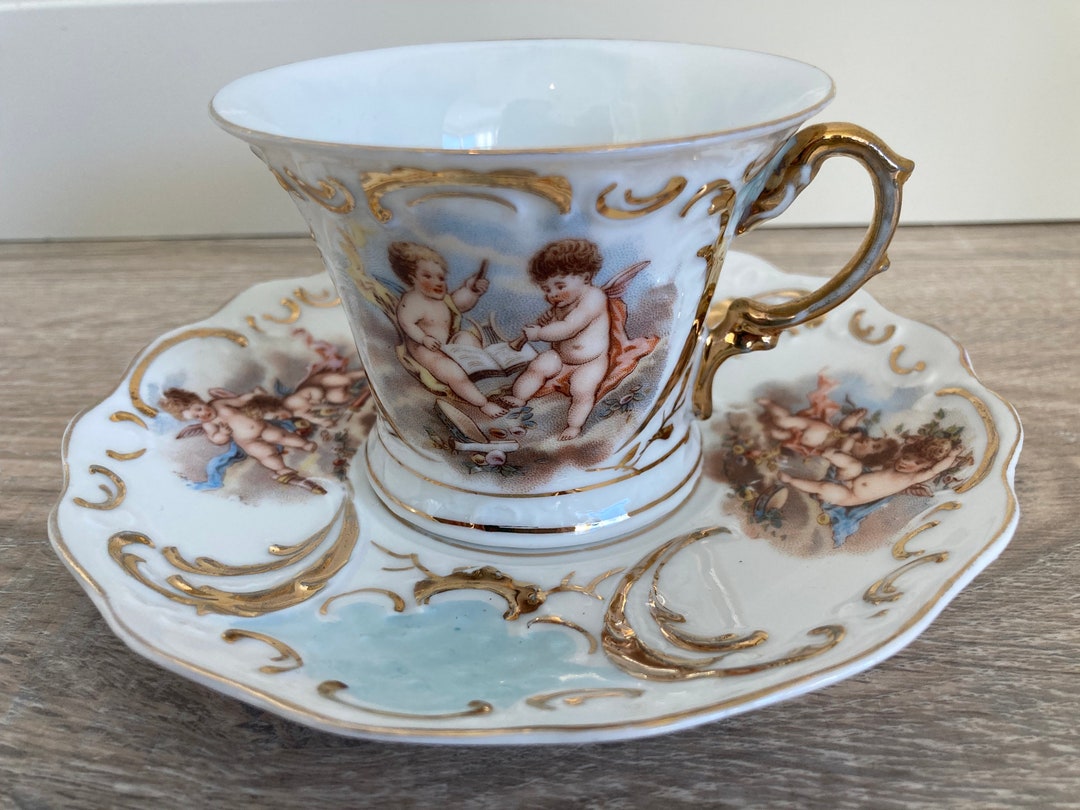 Angel Teacup and Saucer With Gold, Delicate Baby Cherub Teacup, Vintage ...