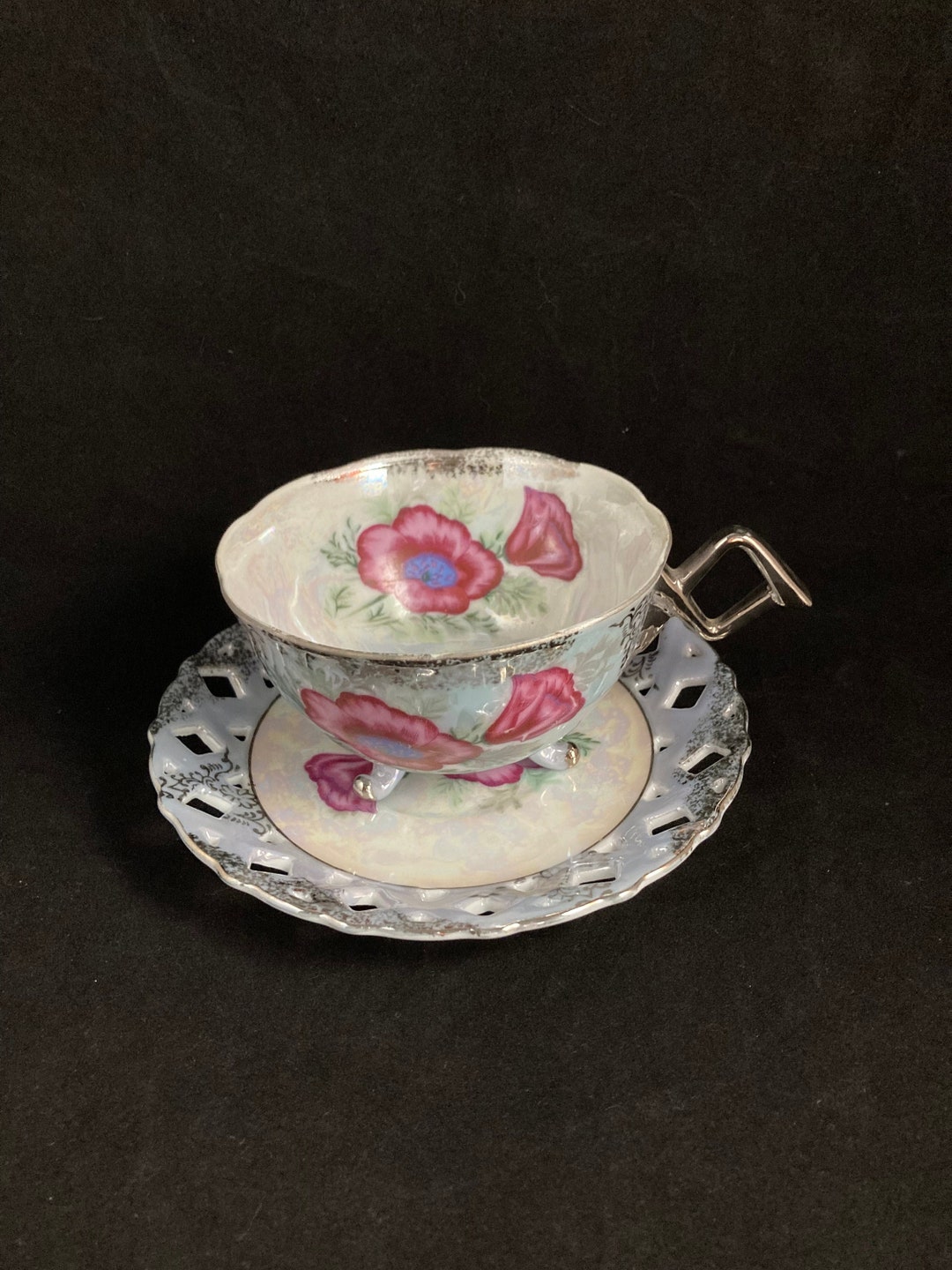 Vintage Japanese Lusterware Teacup Set: Silver & Pink Poppy Flowers - Etsy