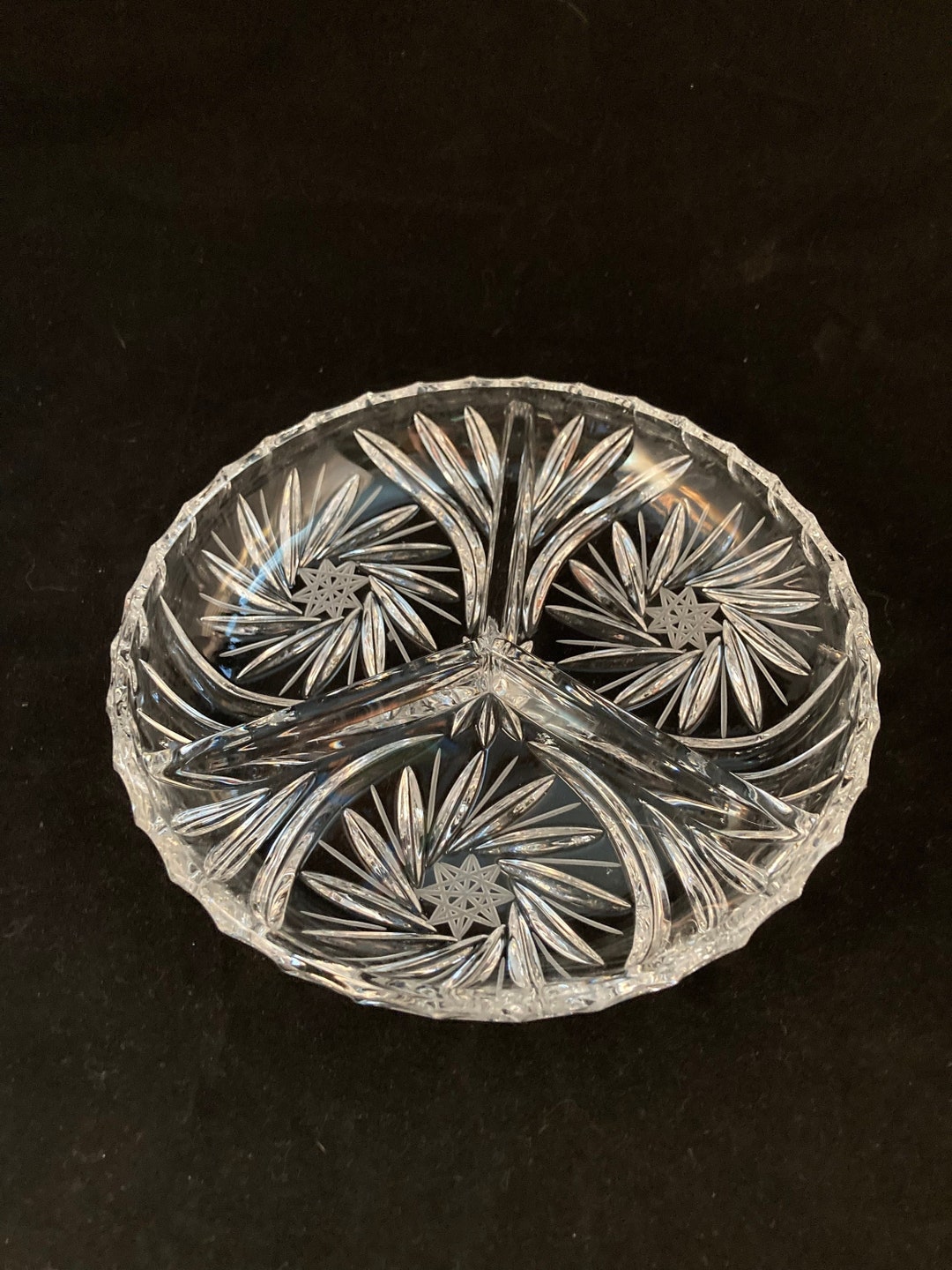 6" Vintage Crystal Pinwheel Designed Dish With 3 Sections, Relish Dish ...