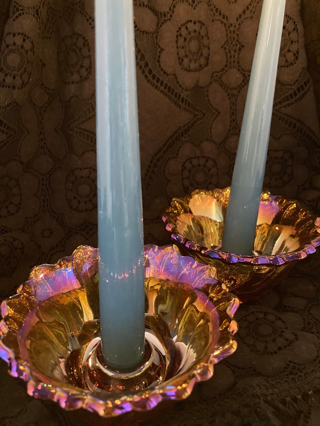Vintage Iridescent Candle Holders Set of 2, Marigold Orange Purple Gold ...