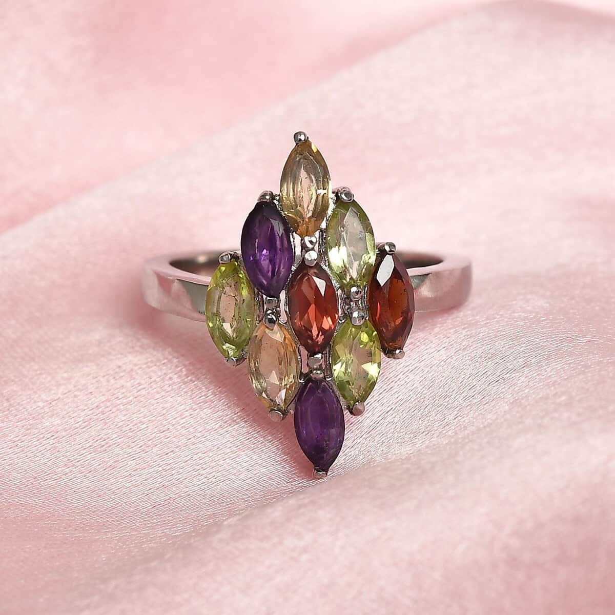 Multi Gemstone Cluster Silver Ring 2.25 Ctw size 7.0 US, Natural Multi ...