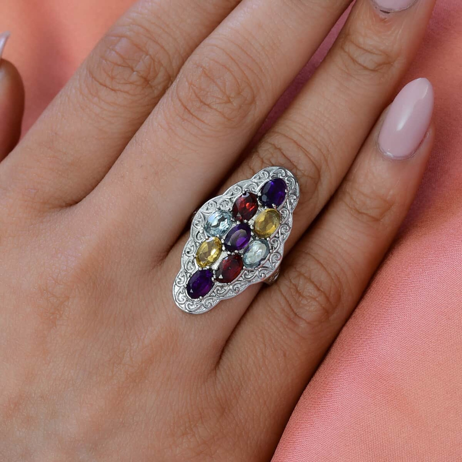 Multi Gemstone Cluster Silver Ring 4.70ctw size 5.0 US, Natural Multi ...