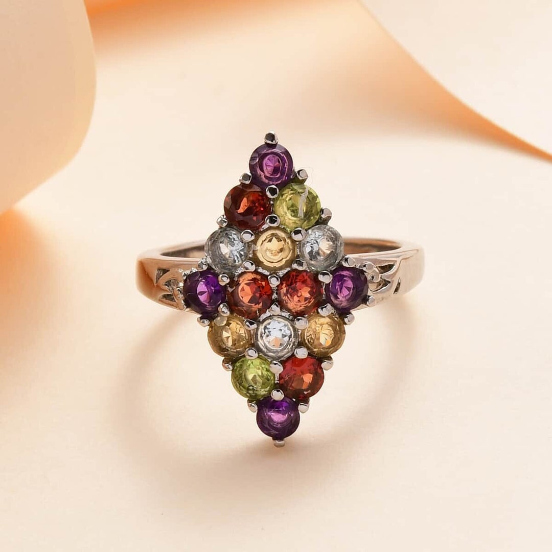 Multi Gemstone Cluster Ring: Stainless Steel, Garnet, Topaz (size 9 US ...