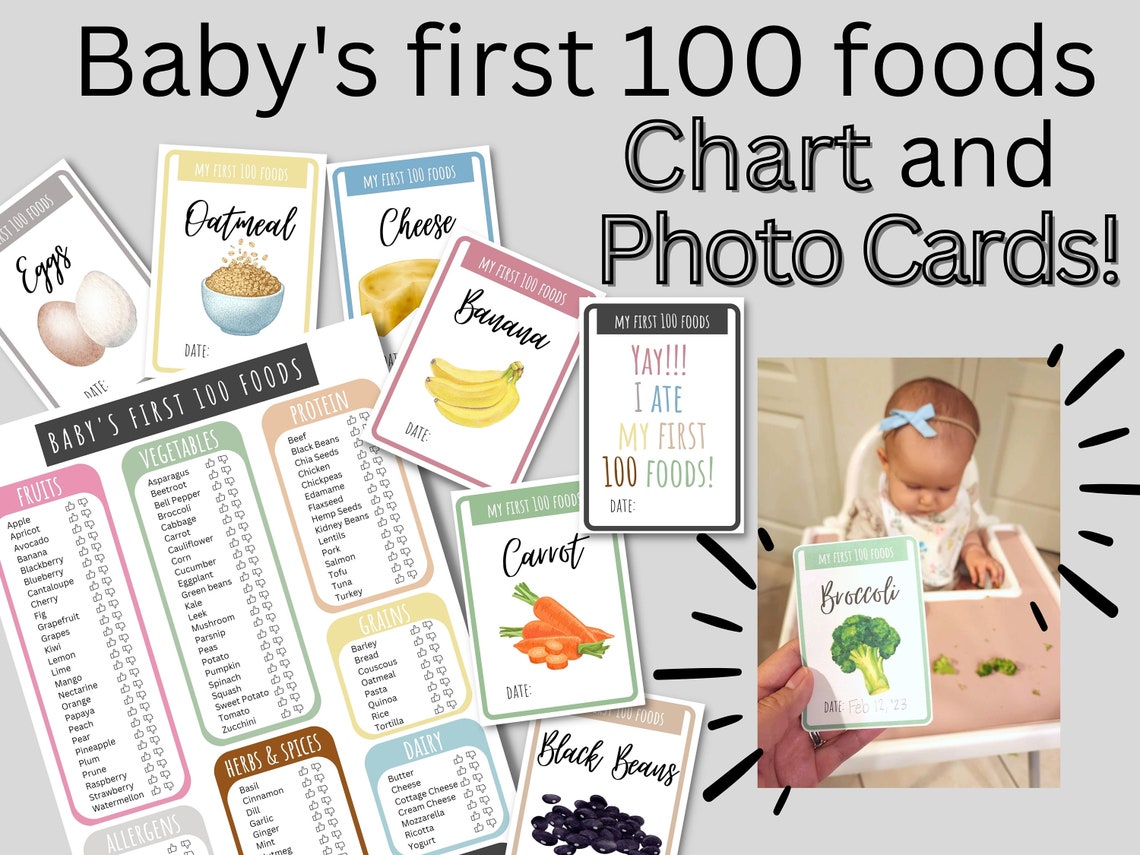 Baby's First 100 Foods Tracker Checklist Chart Photo Cards Printable ...